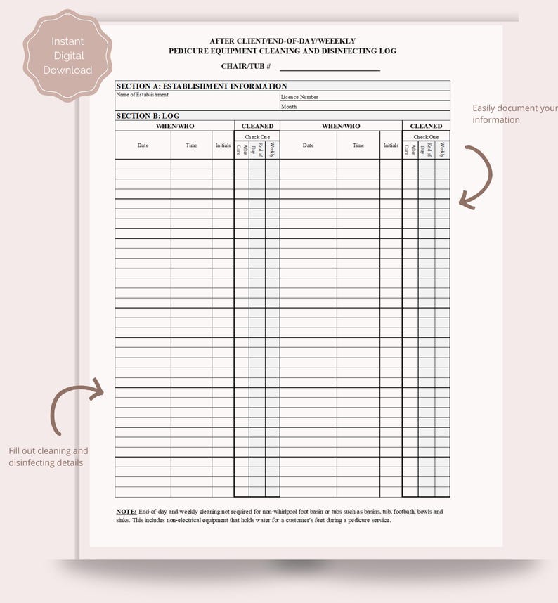 Pedicure Salon Cleaning Log: Equipment & Station Checklist (PDF) - Etsy