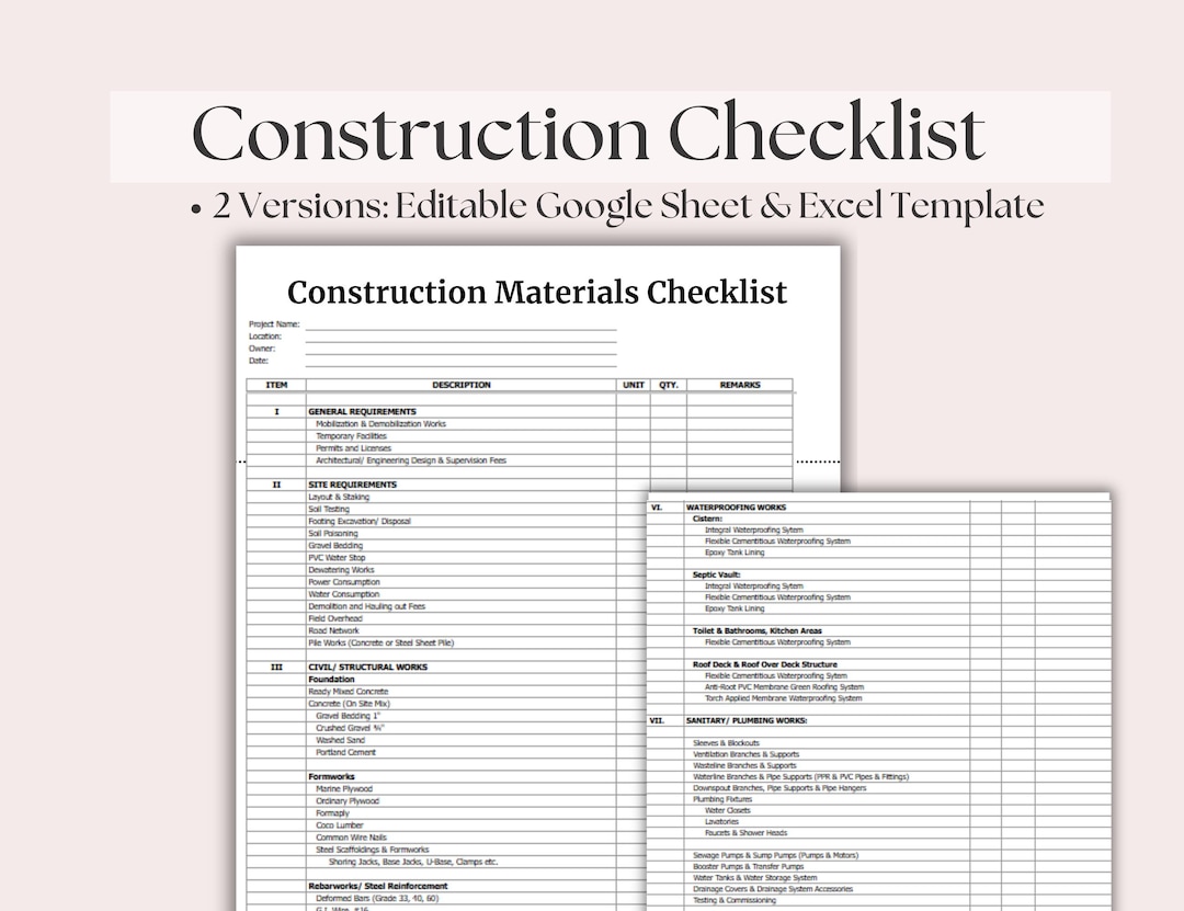 Construction Materials Checklist: Home Building Planner (excel & Google ...