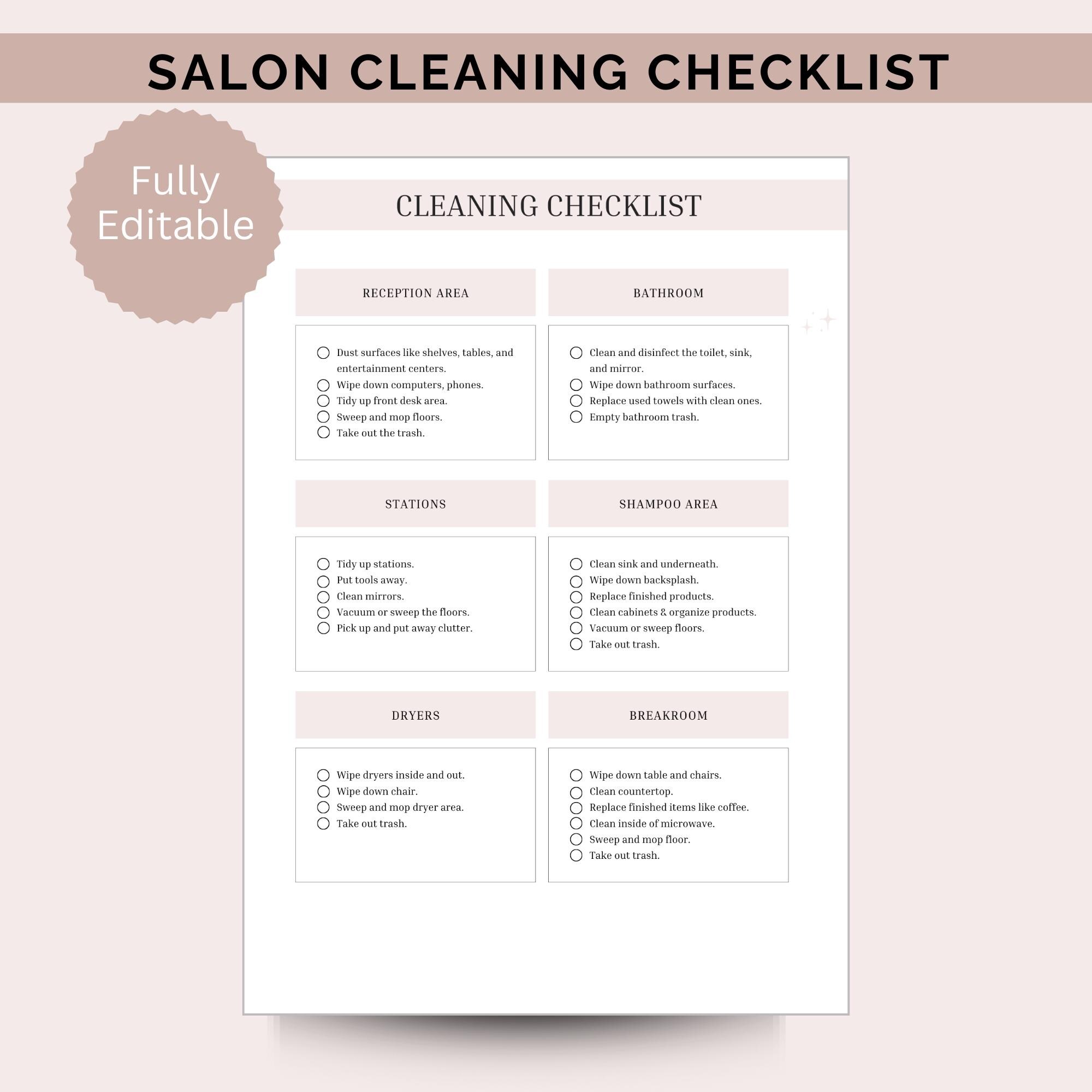 Salon Cleaning Checklist: Editable Canva Template (A4) (digital ...