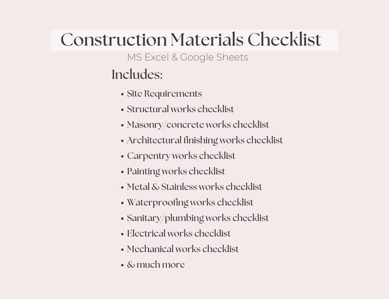 Construction Materials Checklist: Home Building Planner (excel & Google ...