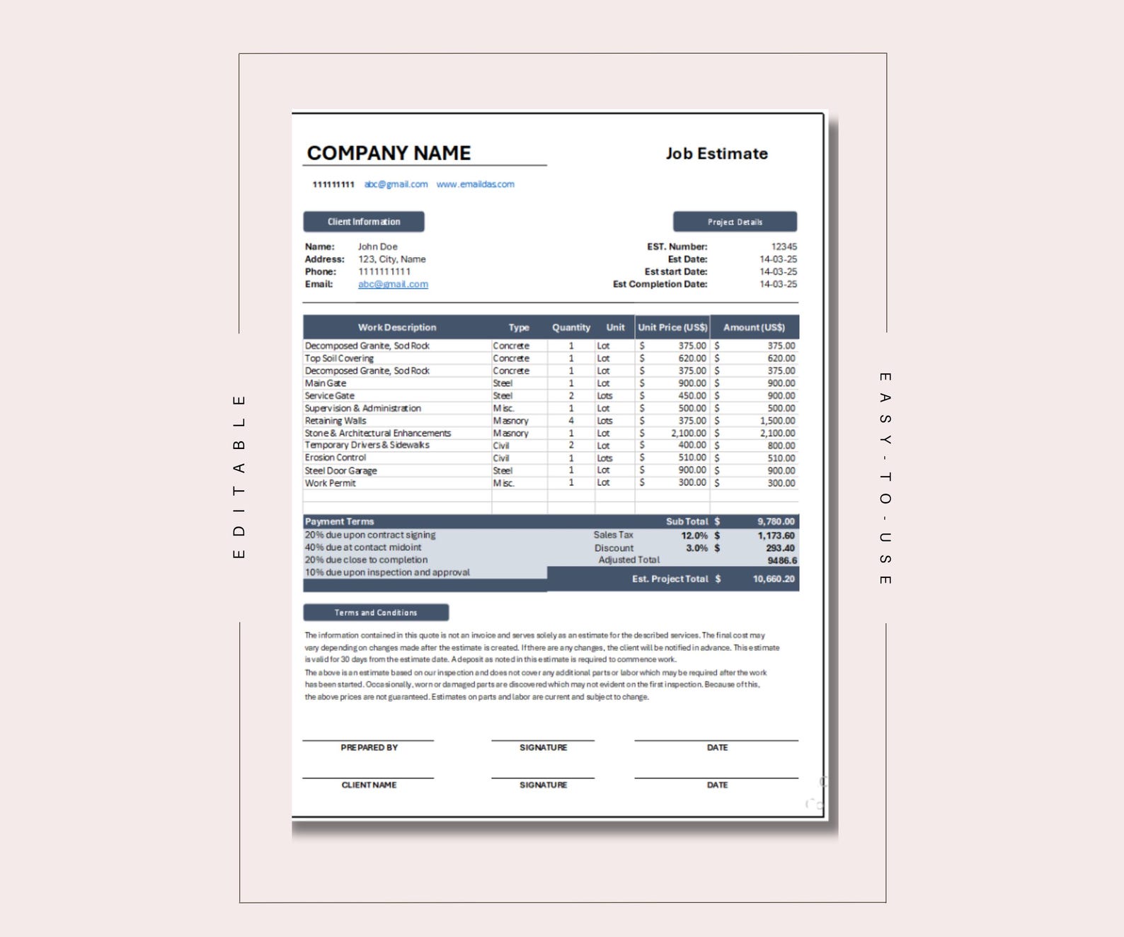 Contractor Job Estimate Template: Construction Proposal Printable Excel ...