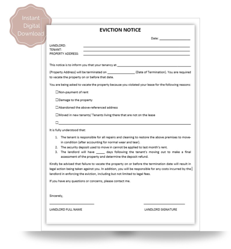 Eviction Notice Template | Printable Notice to Vacate Template | Lease Termination Form ...