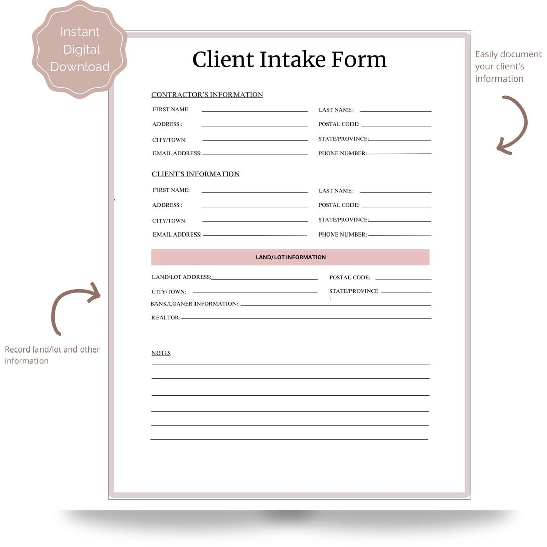 Construction Client Intake Form: Editable Contractor Template (PDF and ...