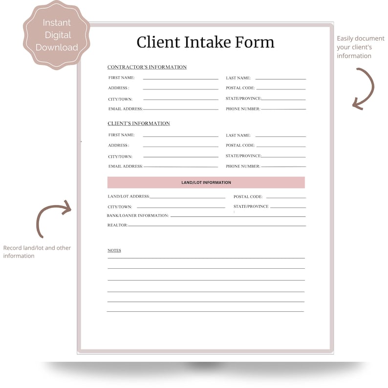 Construction Client Intake Form: Editable Contractor Template (PDF and ...