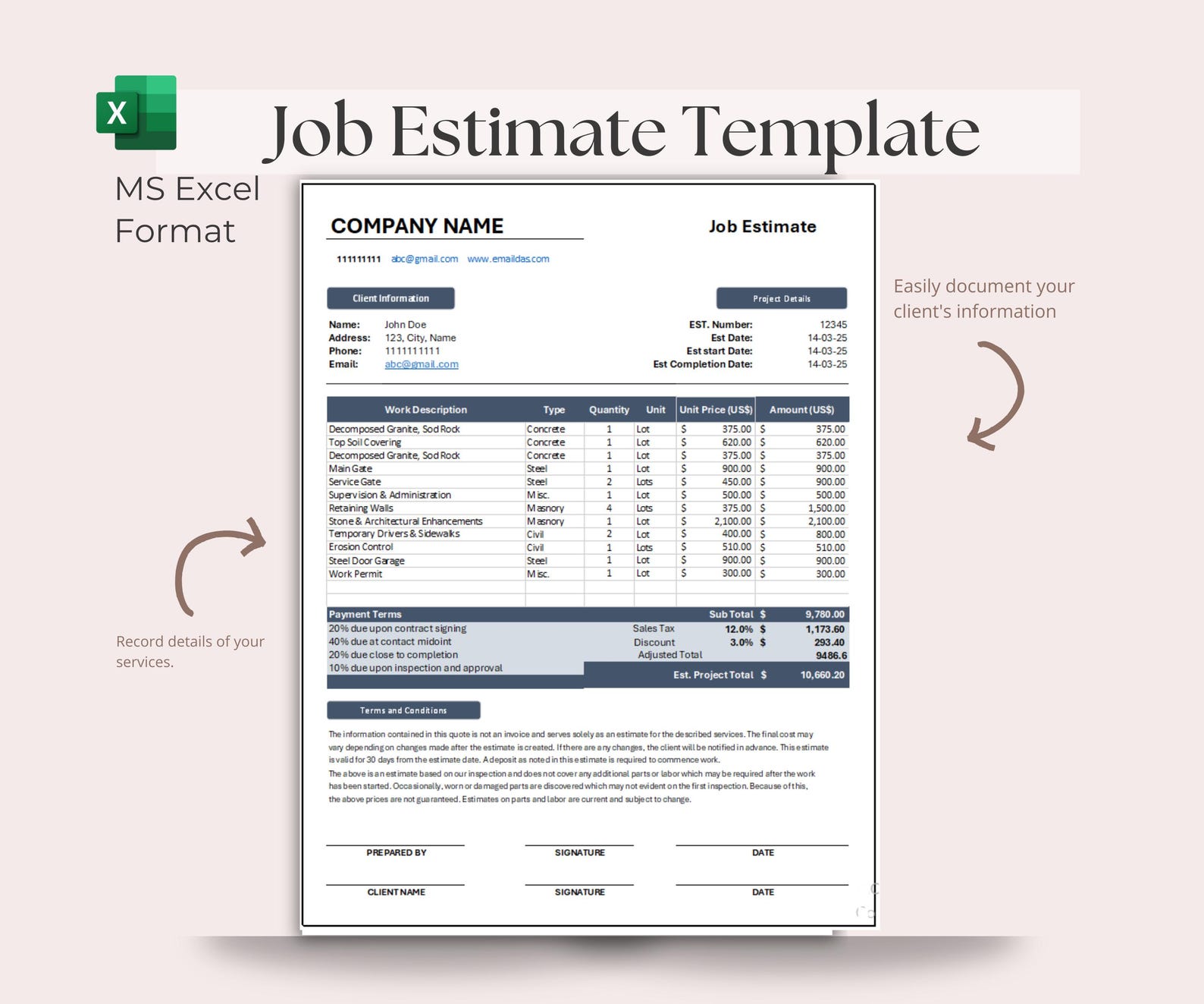 Contractor Job Estimate Template: Construction Proposal Printable Excel ...
