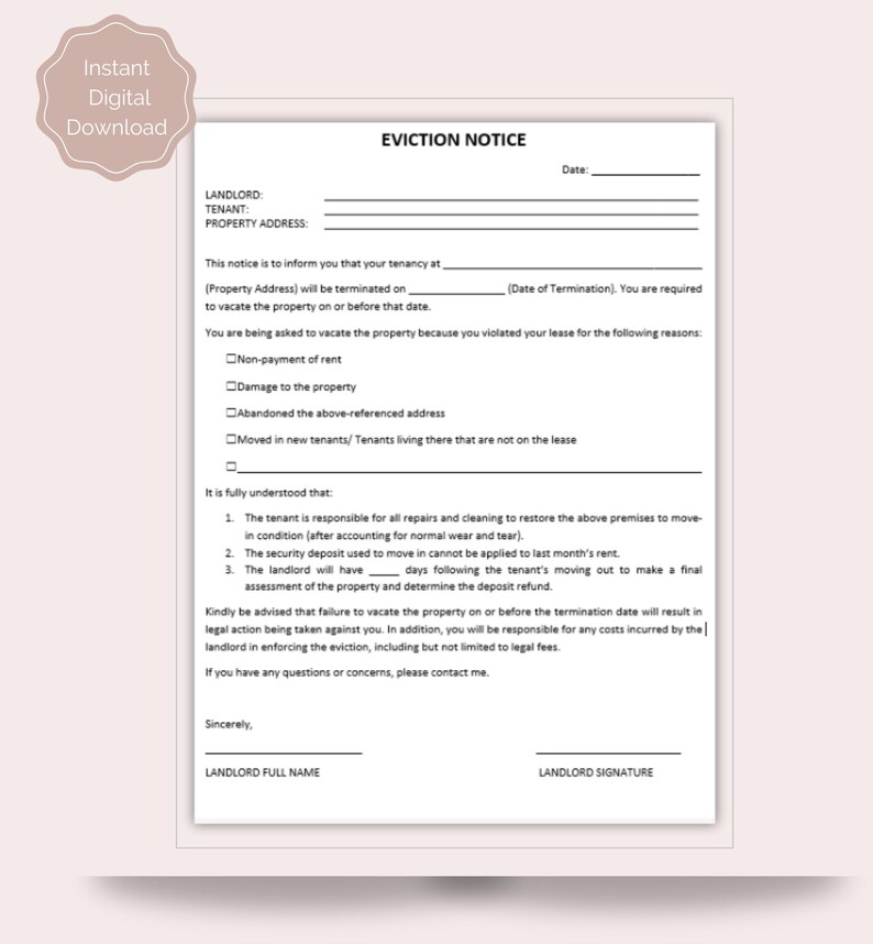 Eviction Notice Template | Printable Notice to Vacate Template | Lease Termination Form ...
