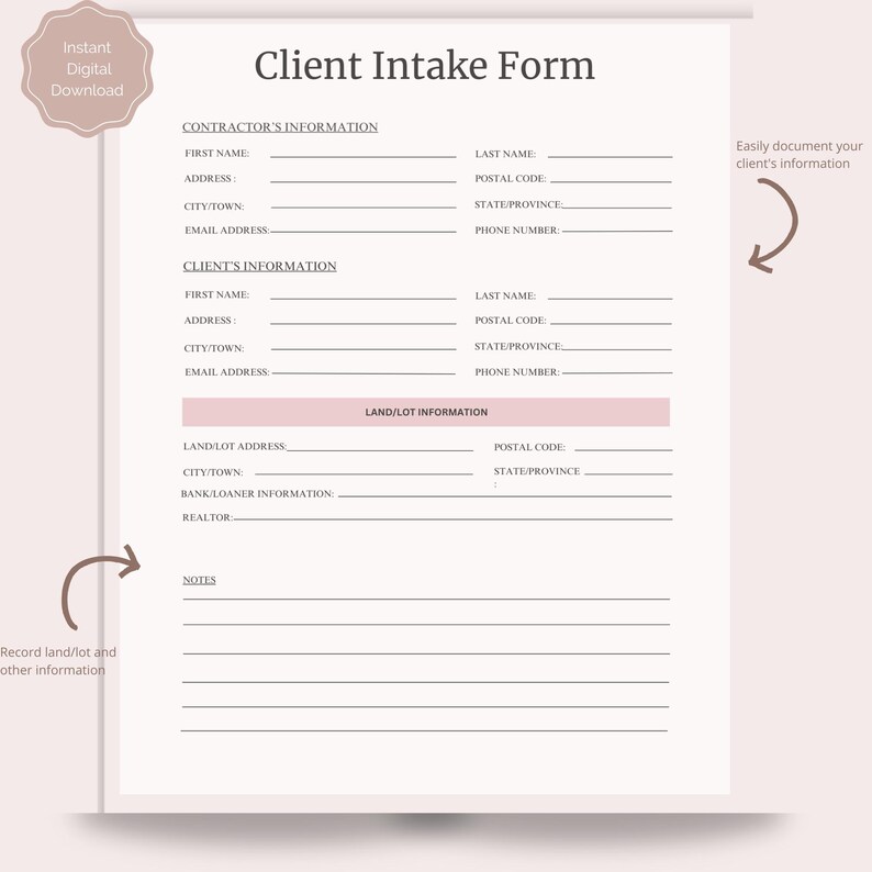 Construction Client Intake Form: Editable Contractor Template (PDF and ...