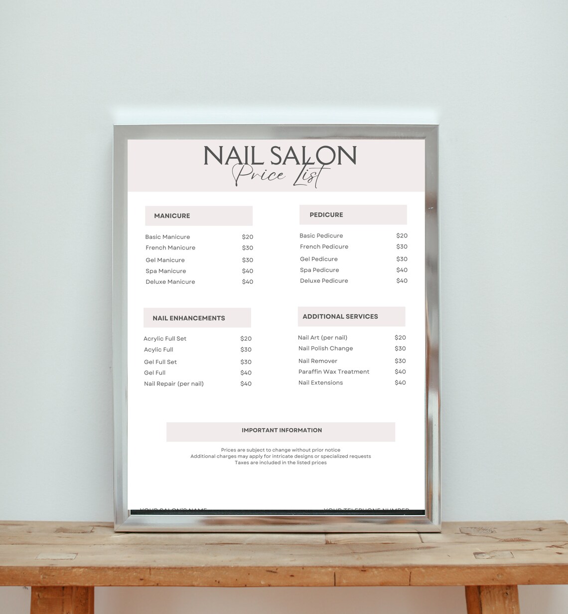 Editable Nail Salon Price List Template (A4) (digital Download) - Etsy