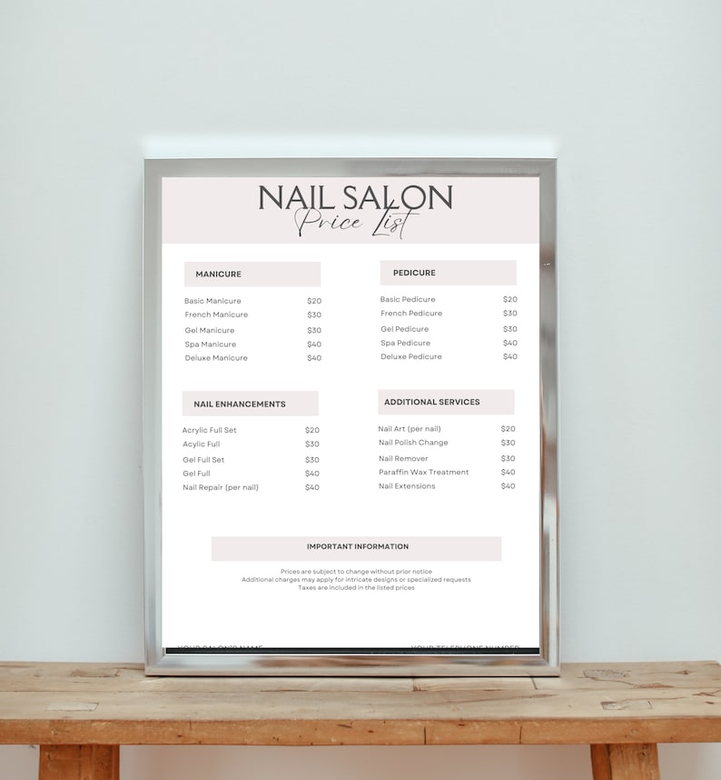 Editable Nail Salon Price List Template (A4) (digital Download) - Etsy