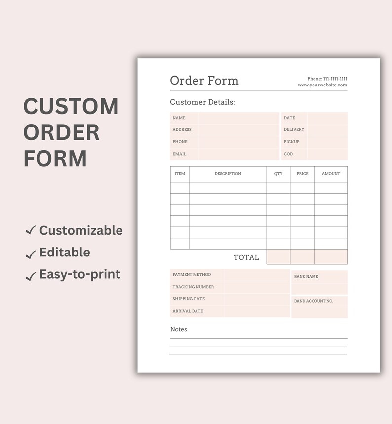 Custom Order Form Template | Purchase Order Form Template | Editable Order Form | Printable ...