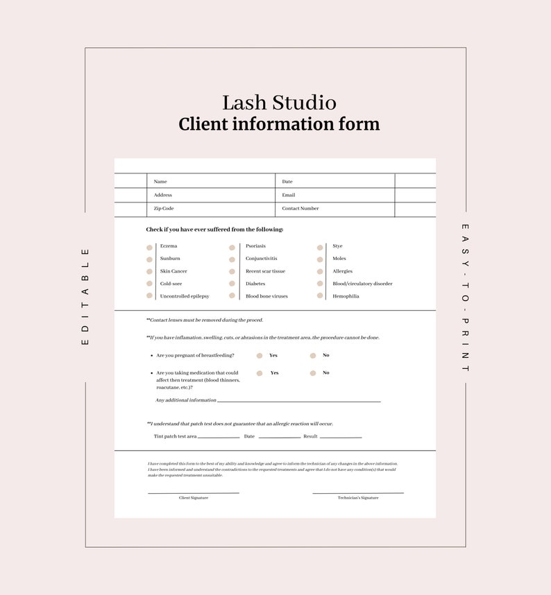 Lash Client Intake Form | Lash Consultation Form Esthetician Form ...