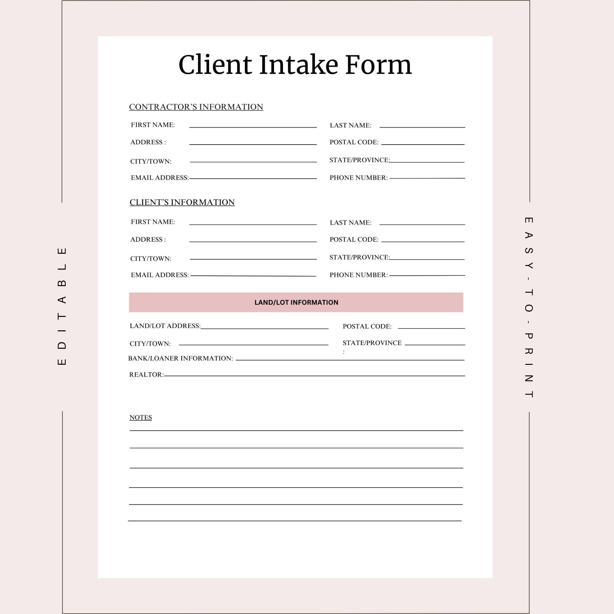 Construction Client Intake Form: Editable Contractor Template (PDF and ...