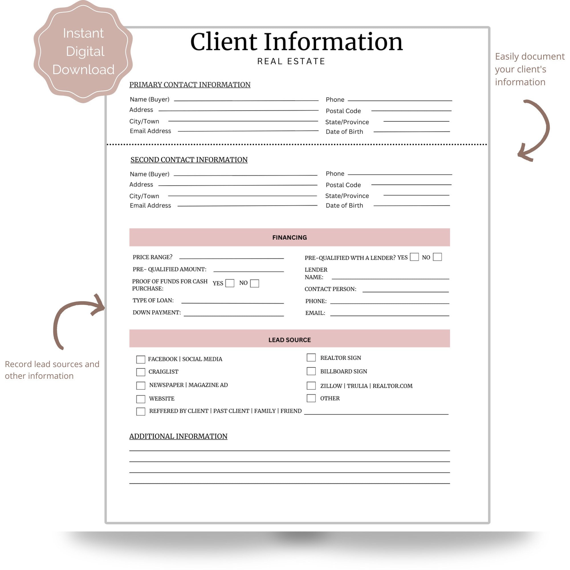 CLIENT INFORMATION Sheet | Real Estate Client Form | Real Estate Agent ...