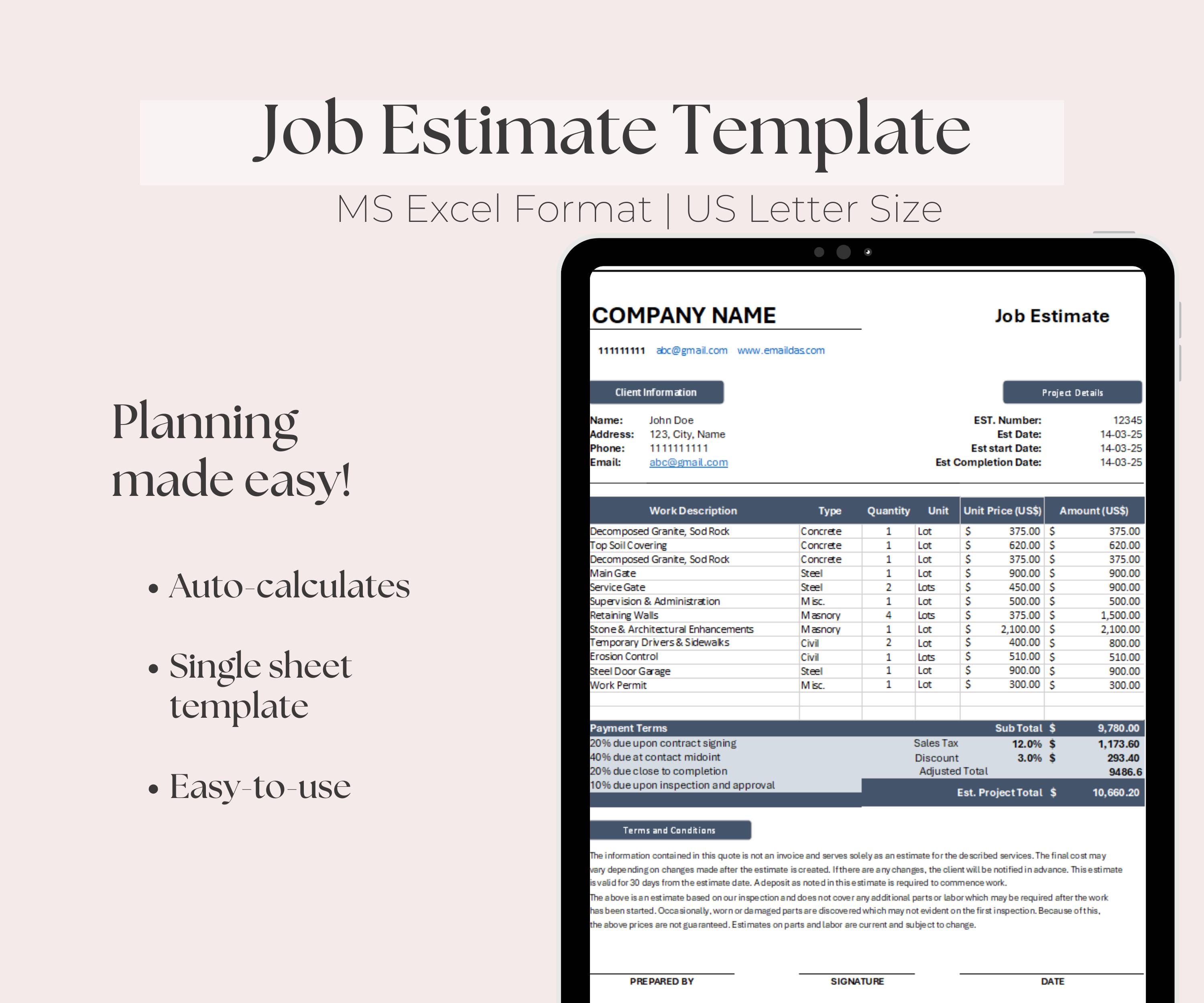 Contractor Job Estimate Template: Construction Proposal Printable Excel ...