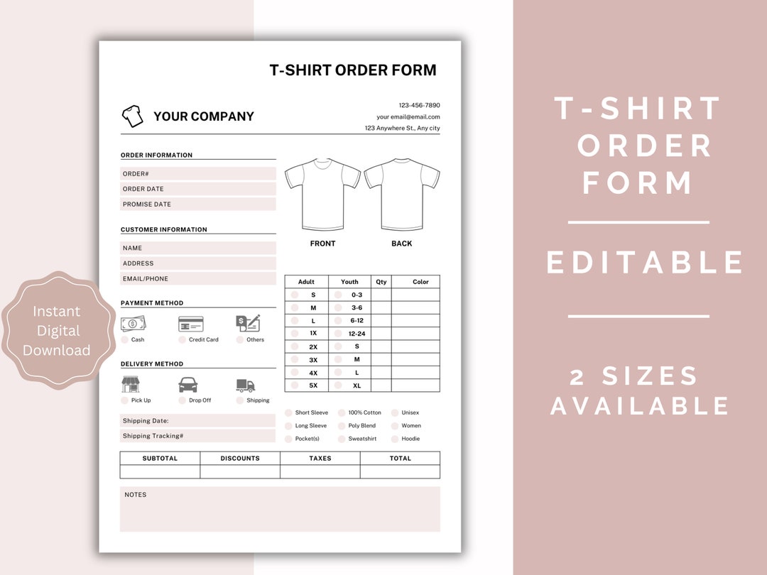 Fillable T-shirt Order Form Editable, Printable Shirt Order Form ...