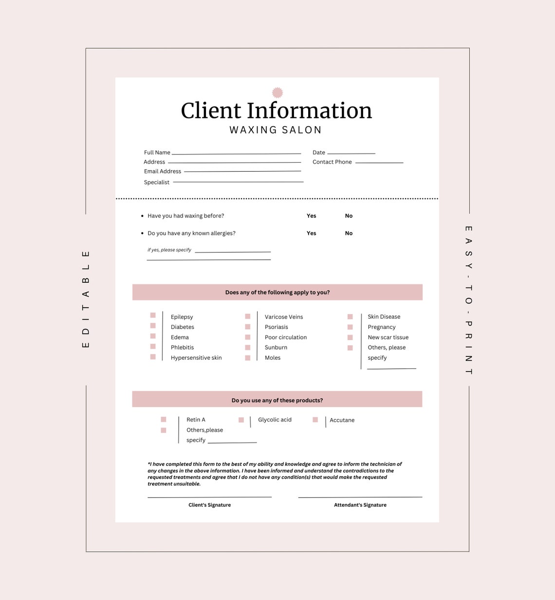 Waxing Client Intake Form: Esthetician Consultation (A4, A5) (canva ...