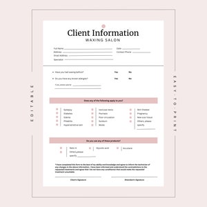 Waxing Client Intake Form: Esthetician Consultation (A4, A5) (canva ...
