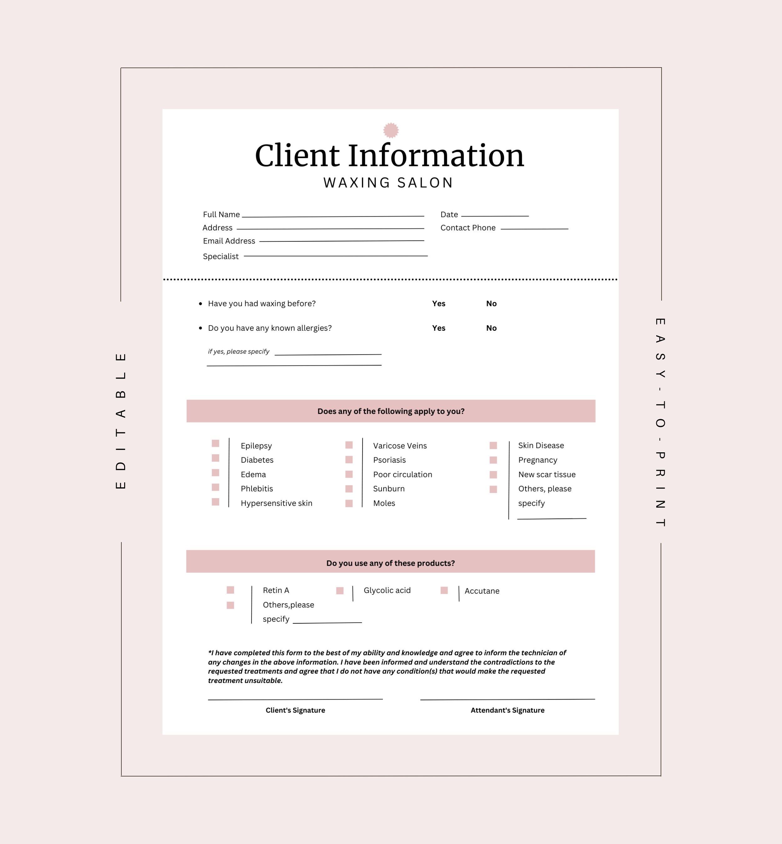 Waxing Client Intake Form: Esthetician Consultation (A4, A5) (canva ...