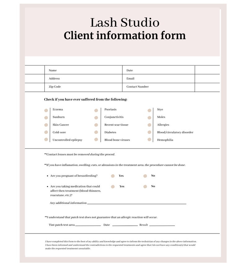 Lash Client Intake Form | Lash Consultation Form Esthetician Form ...