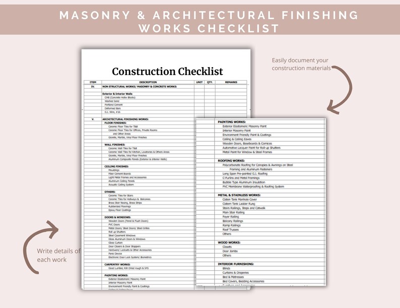 Construction Materials Checklist: Home Building Planner (excel & Google ...