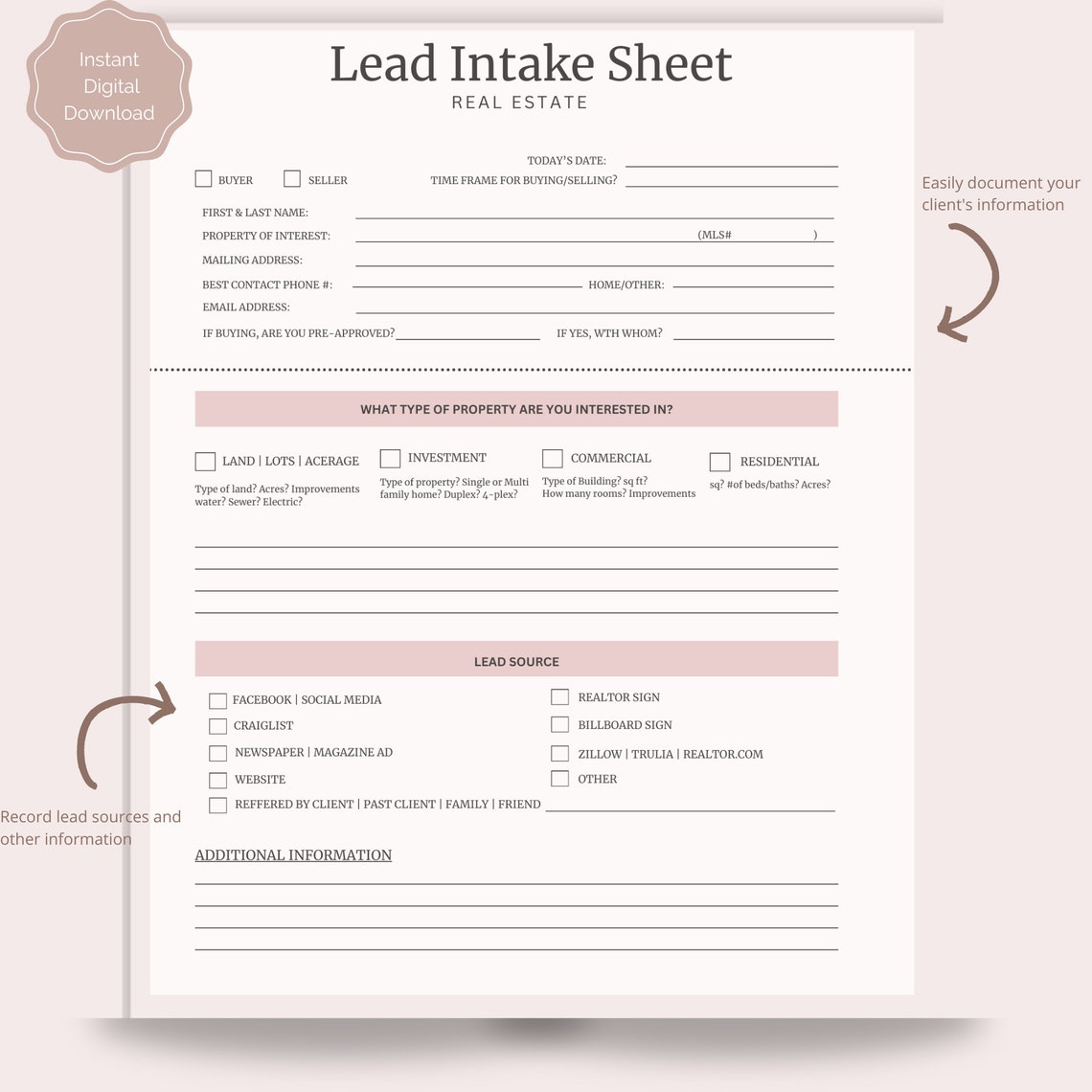 Lead Intake Sheet | Real Estate Client Form | Real Estate Agent ...