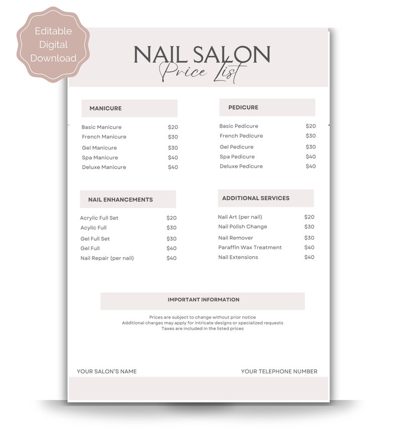 Editable Nail Salon Price List Template (A4) (digital Download) - Etsy