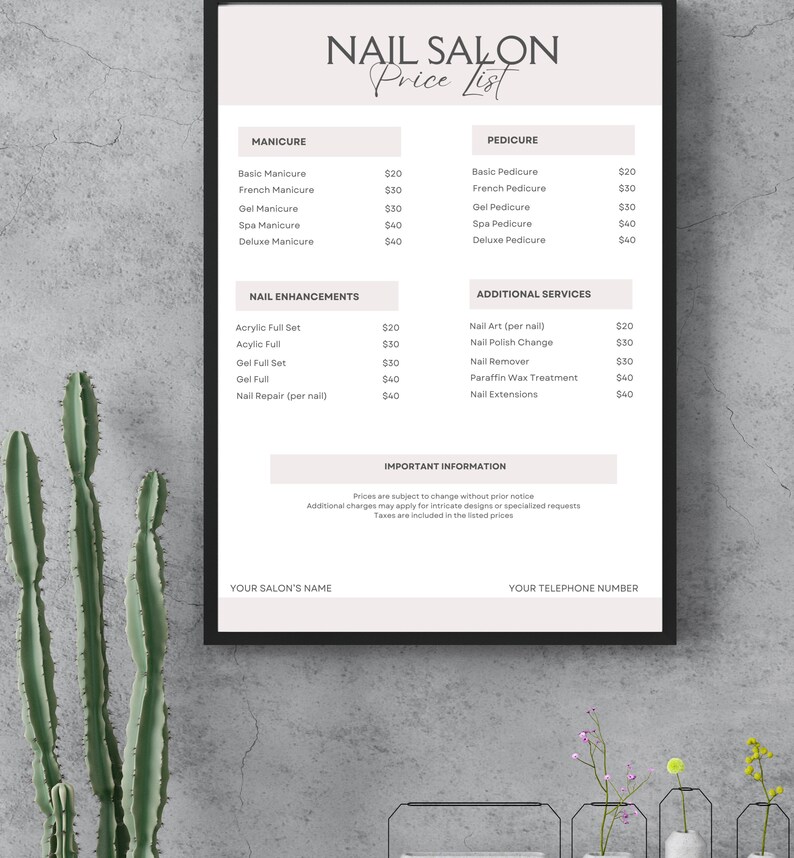 Editable Nail Salon Price List Template (A4) (digital Download) - Etsy