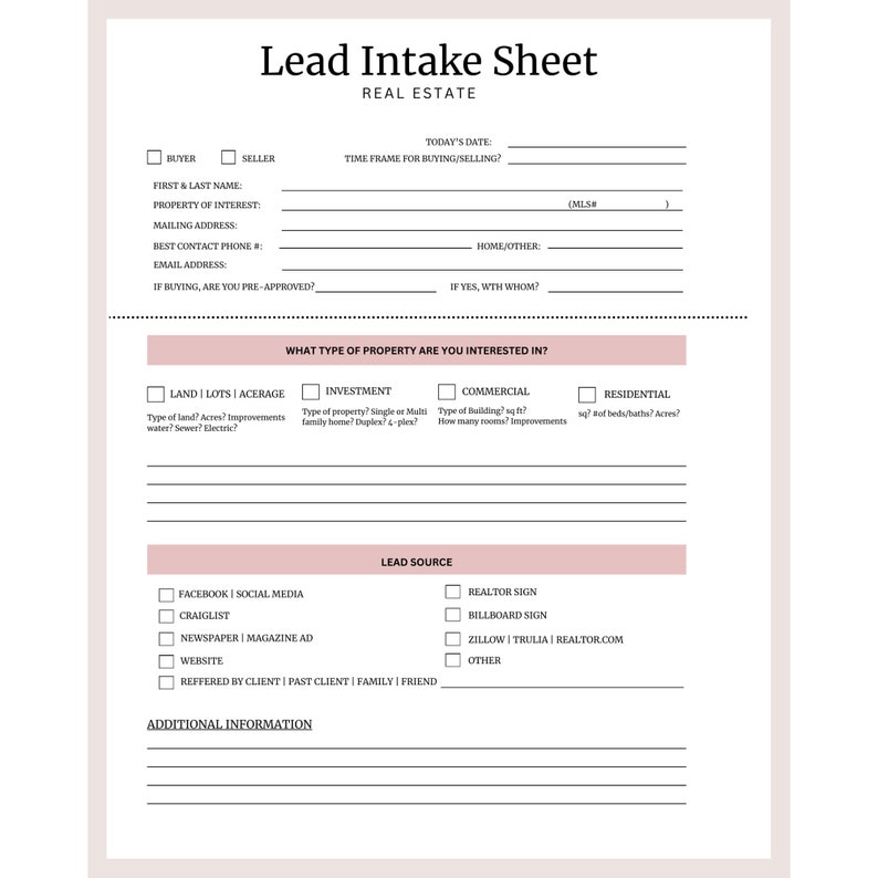 Lead Intake Sheet | Real Estate Client Form | Real Estate Agent ...