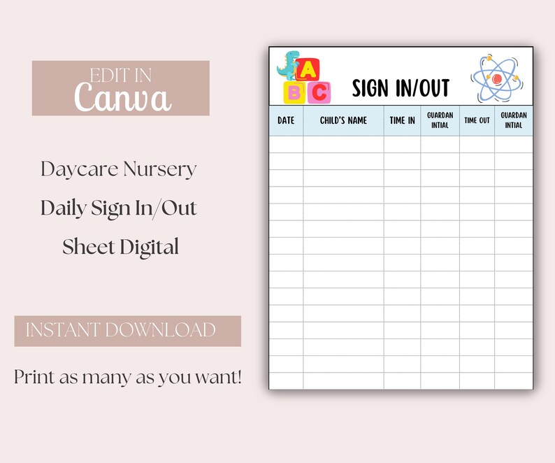 Daycare Nursery Daily Sign-in/ Sign-out Sheet, Printable Child ...