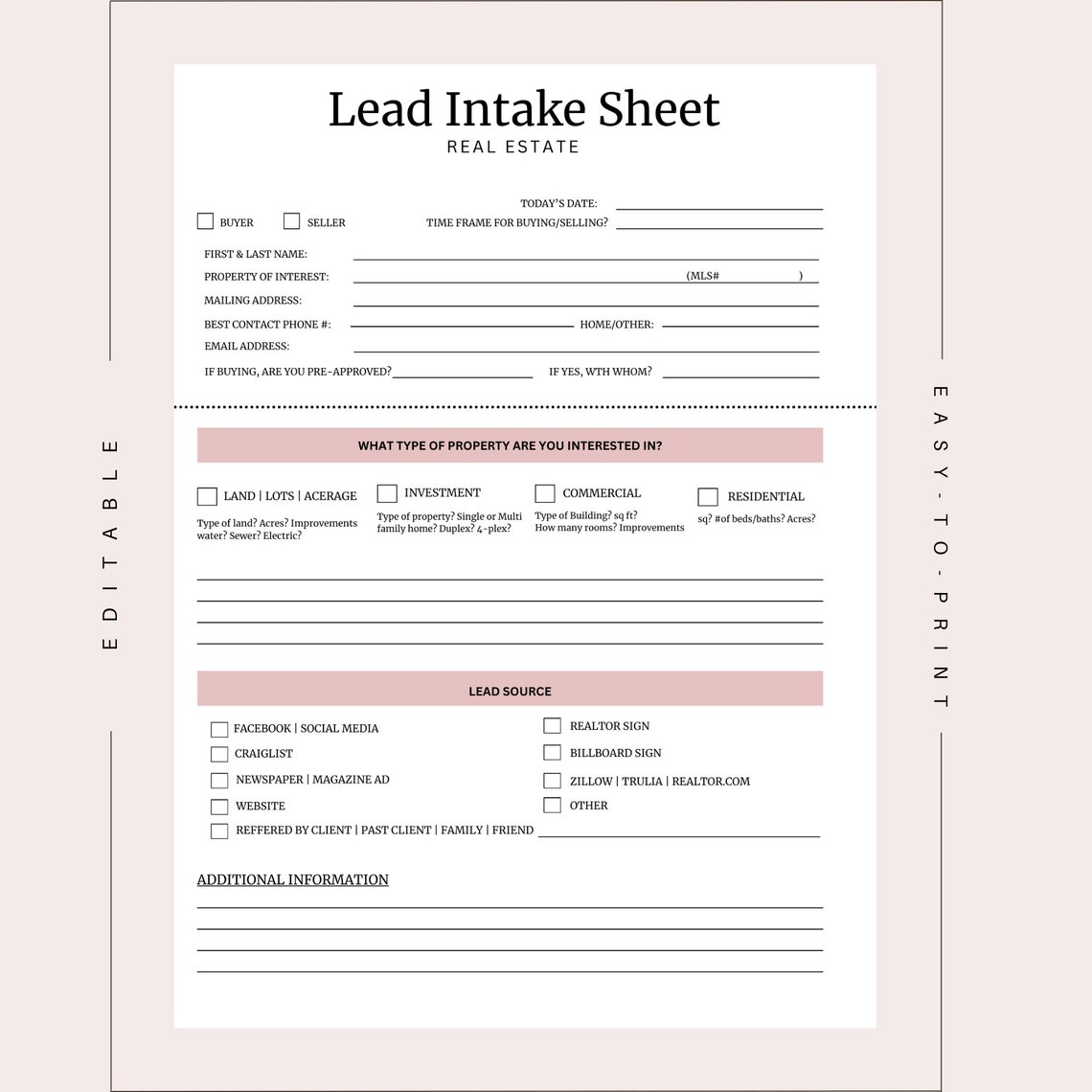 Lead Intake Sheet | Real Estate Client Form | Real Estate Agent ...