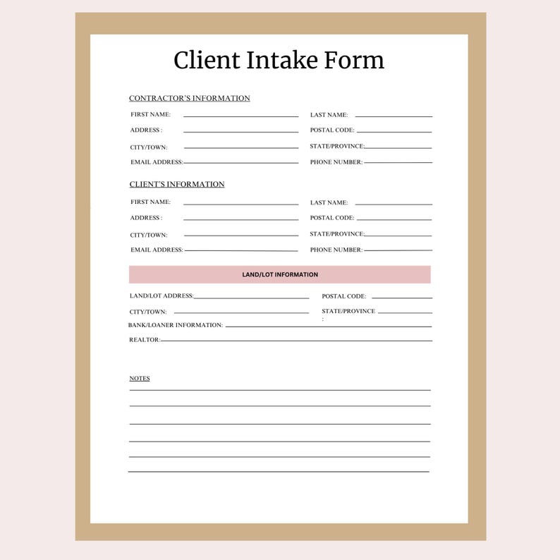 Construction Client Intake Form: Editable Contractor Template (PDF and ...