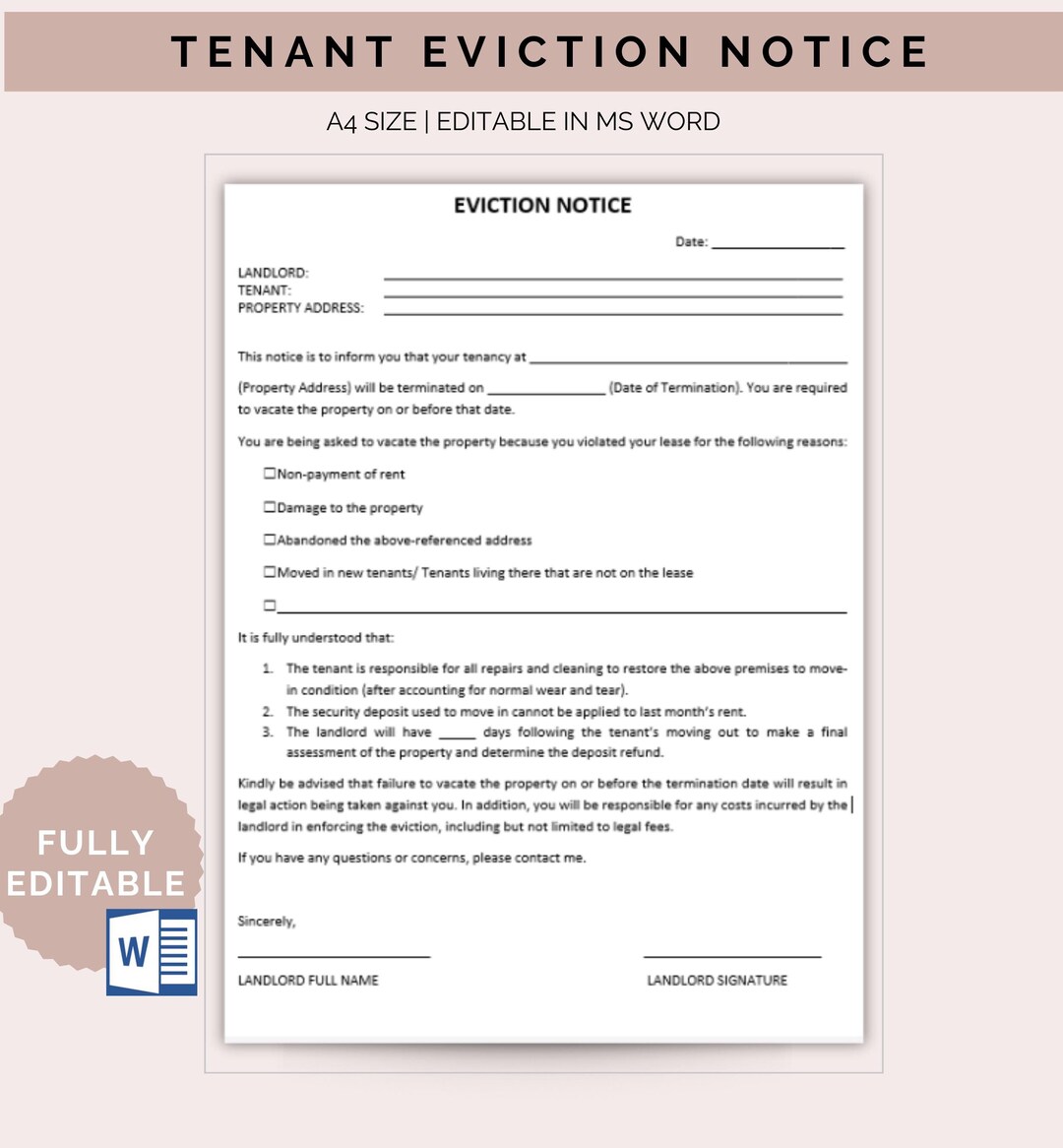 Eviction Notice Template | Printable Notice to Vacate Template | Lease ...