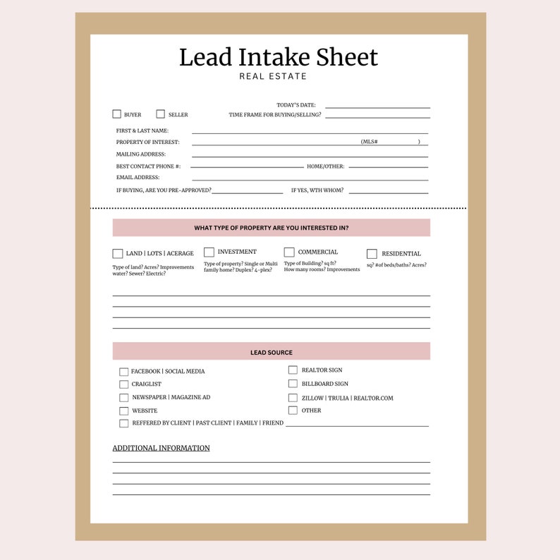 Lead Intake Sheet | Real Estate Client Form | Real Estate Agent ...