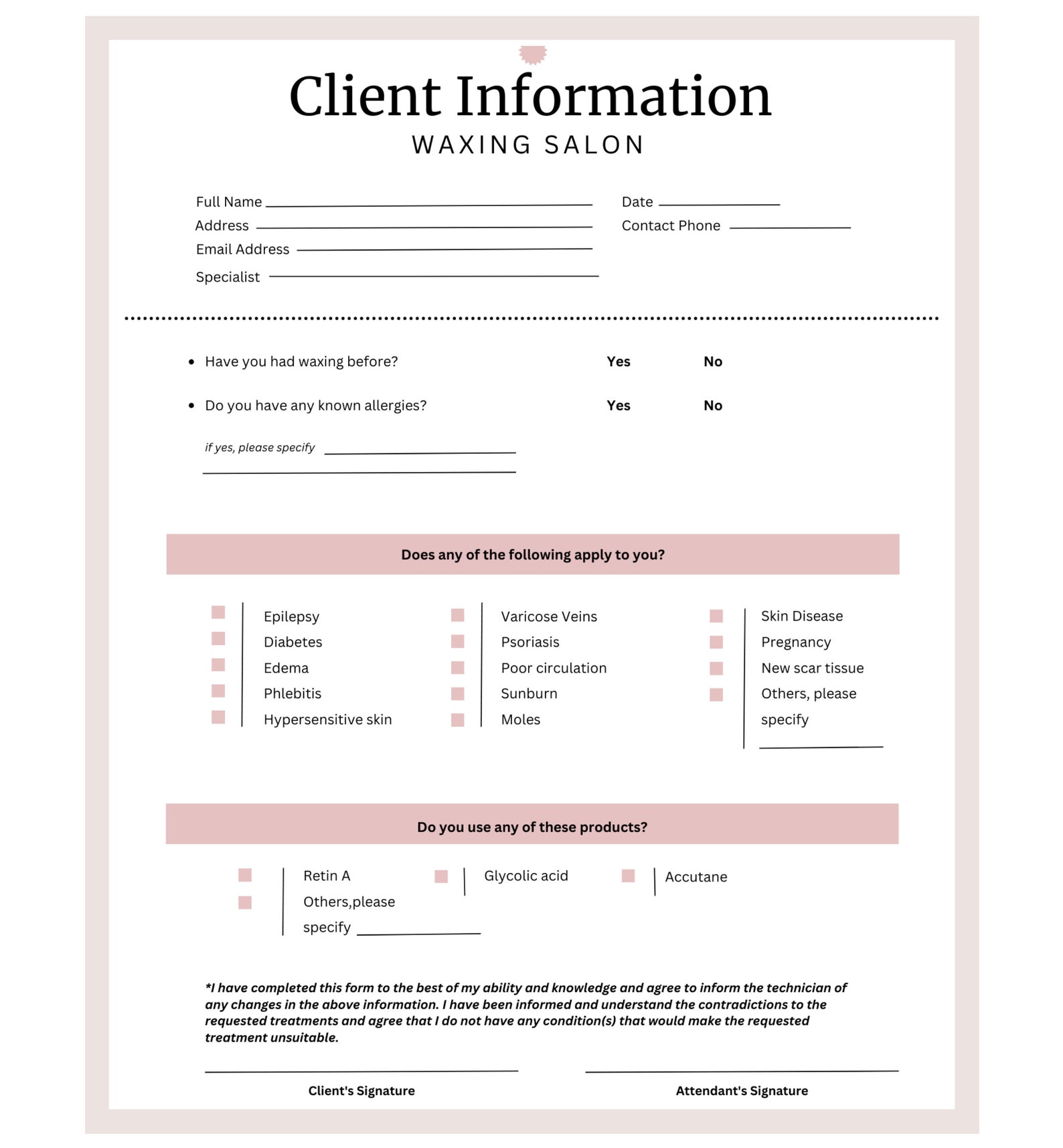 Waxing Client Intake Form: Esthetician Consultation (A4, A5) (canva ...