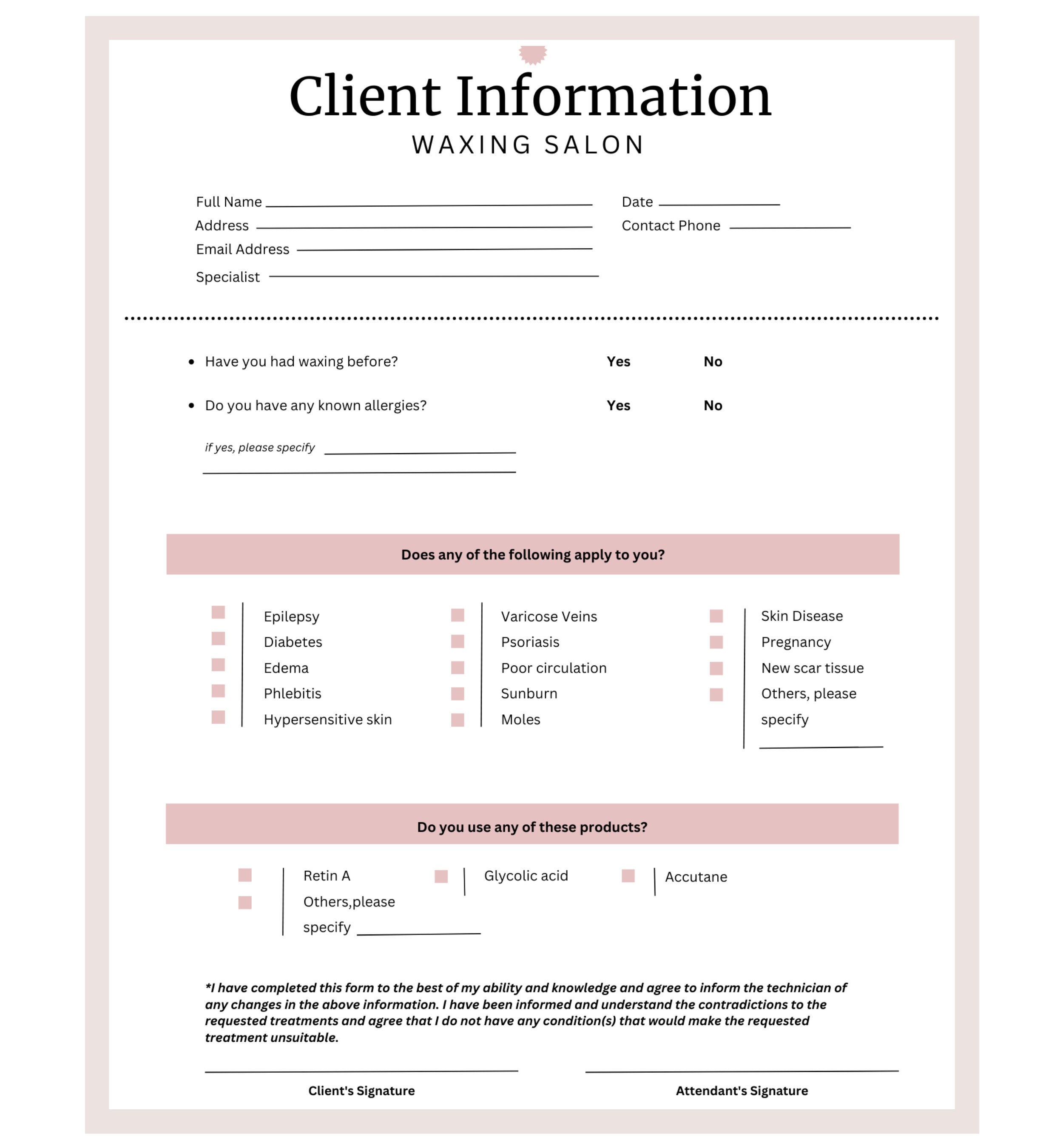 Waxing Client Intake Form: Esthetician Consultation (A4, A5) (canva ...