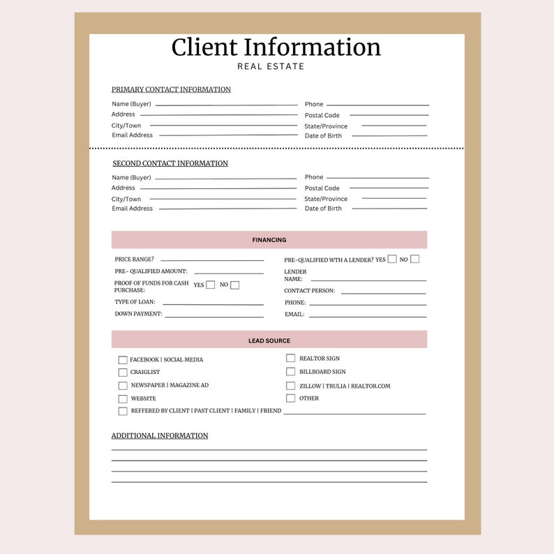 CLIENT INFORMATION Sheet | Real Estate Client Form | Real Estate Agent ...