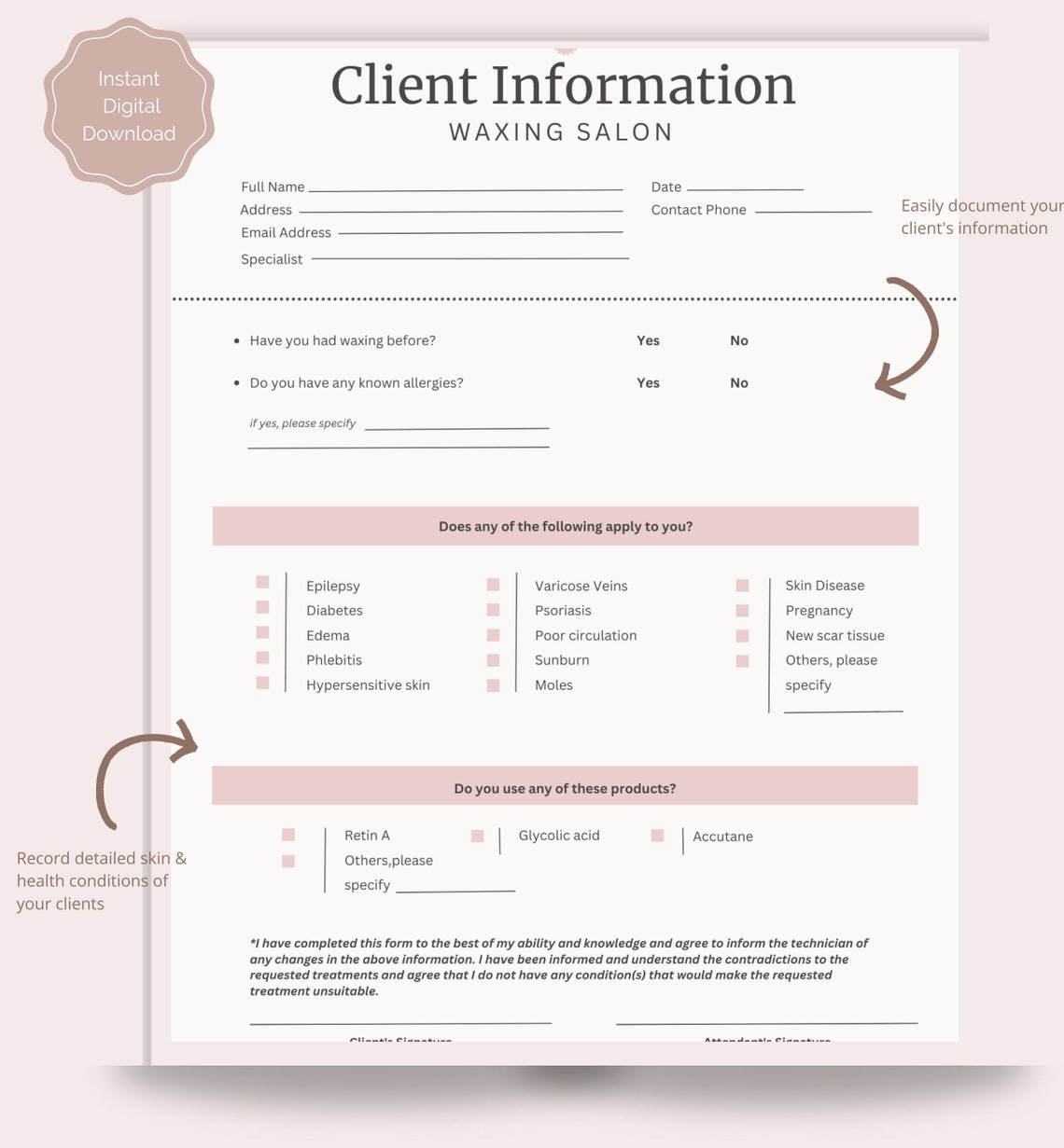 Waxing Client Intake Form: Esthetician Consultation (A4, A5) (canva ...