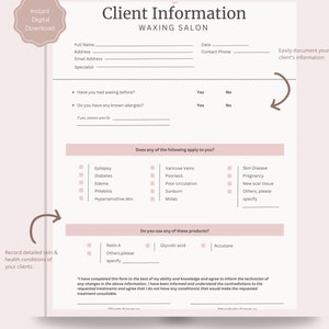 Waxing Consultation Form Esthetician Form Client Intake Waxing Salon ...