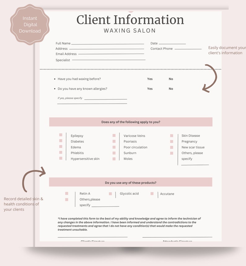 Waxing Client Intake Form: Esthetician Consultation (A4, A5) (canva Editable) (digital Download ...