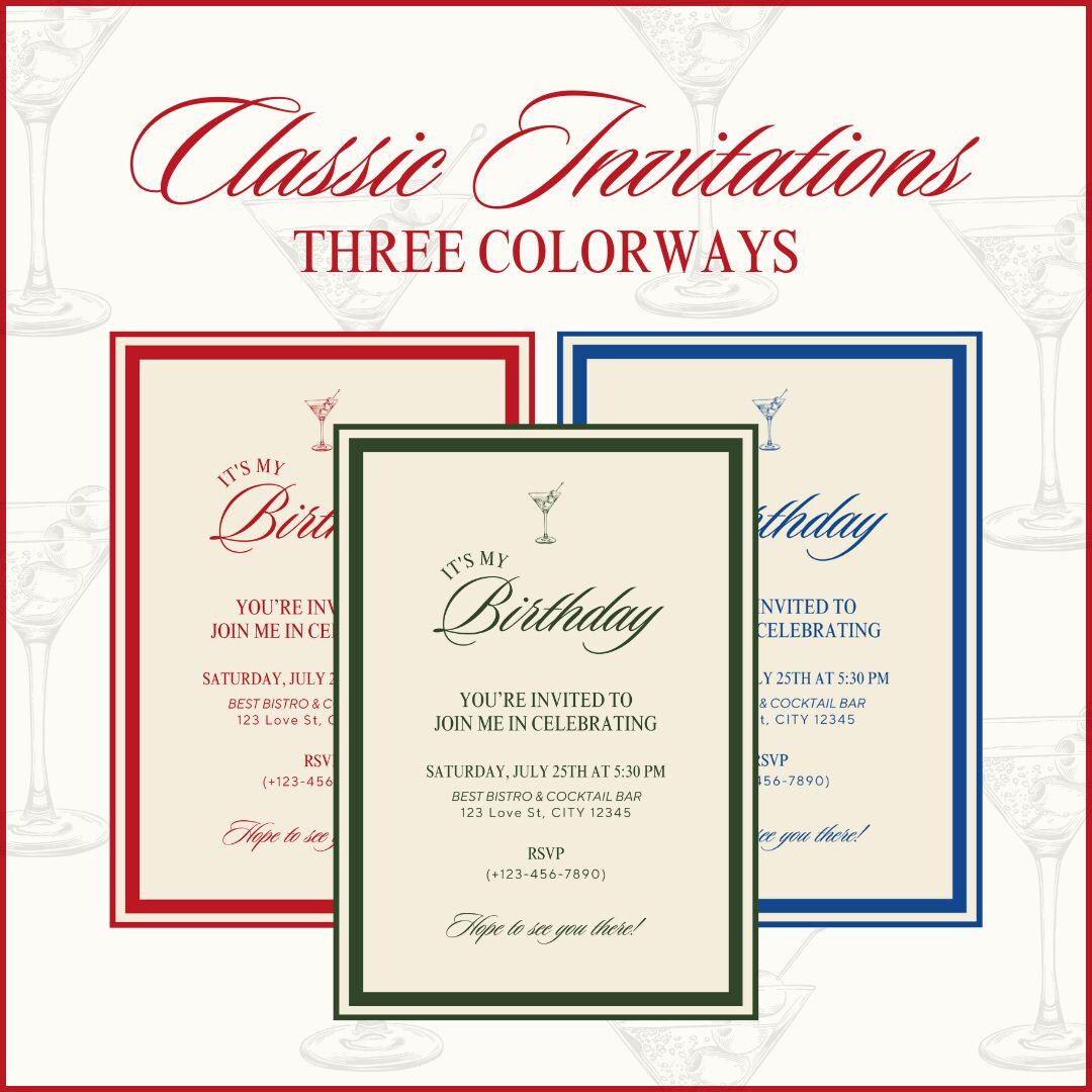 Invitations - Classic Old Money Aesthetic, Chic Martini Theme, Cherry ...