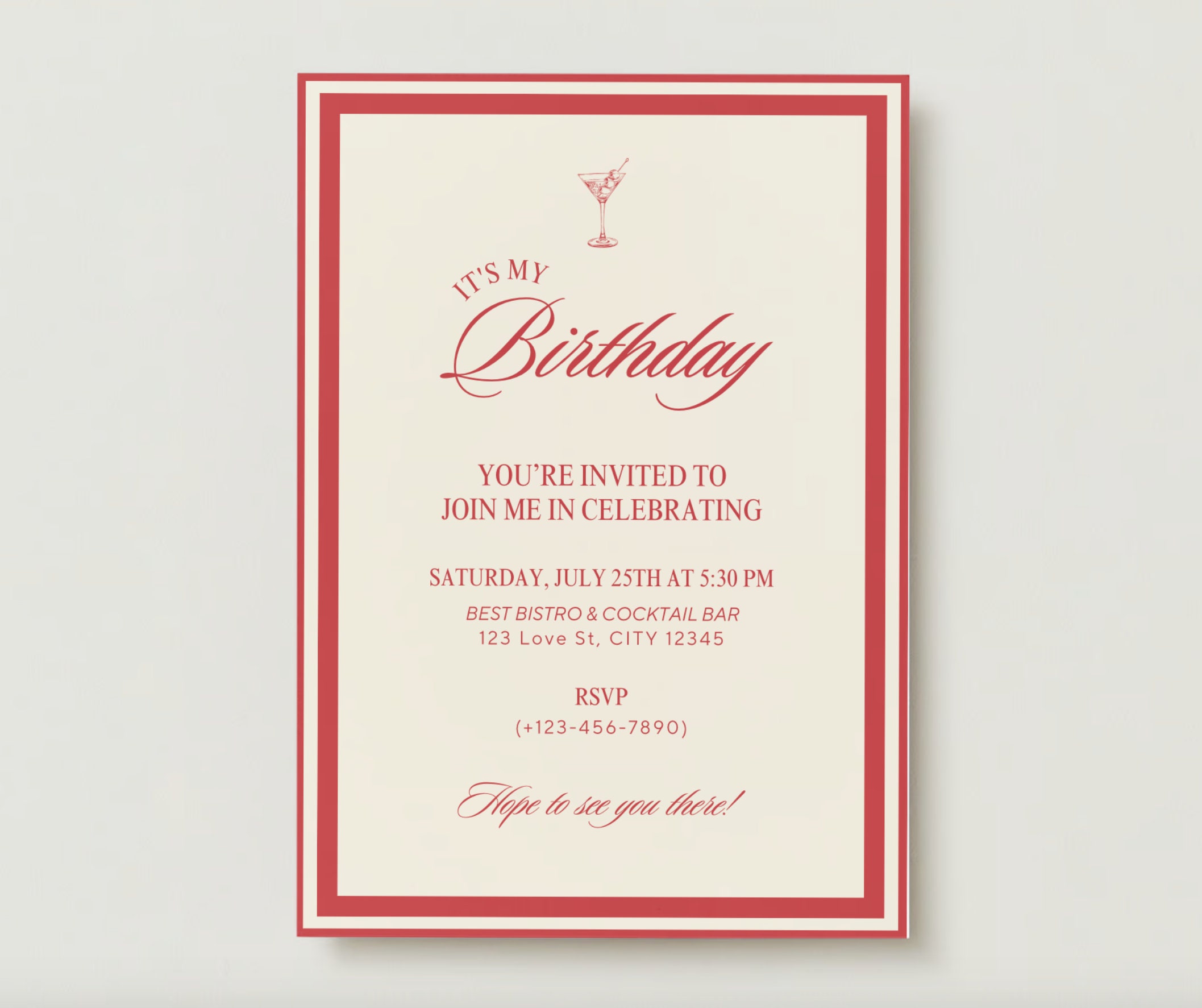 Invitations - Classic Old Money Aesthetic, Chic Martini Theme, Cherry ...