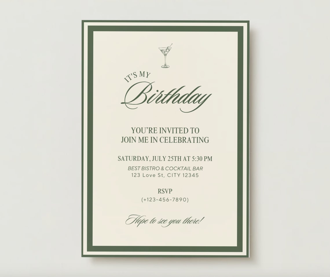Invitations - Classic Old Money Aesthetic, Chic Martini Theme, Cherry ...