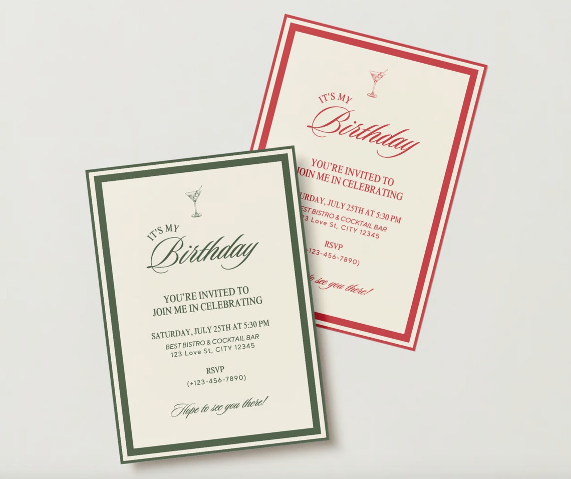Invitations - Classic Old Money Aesthetic, Chic Martini Theme, Cherry ...