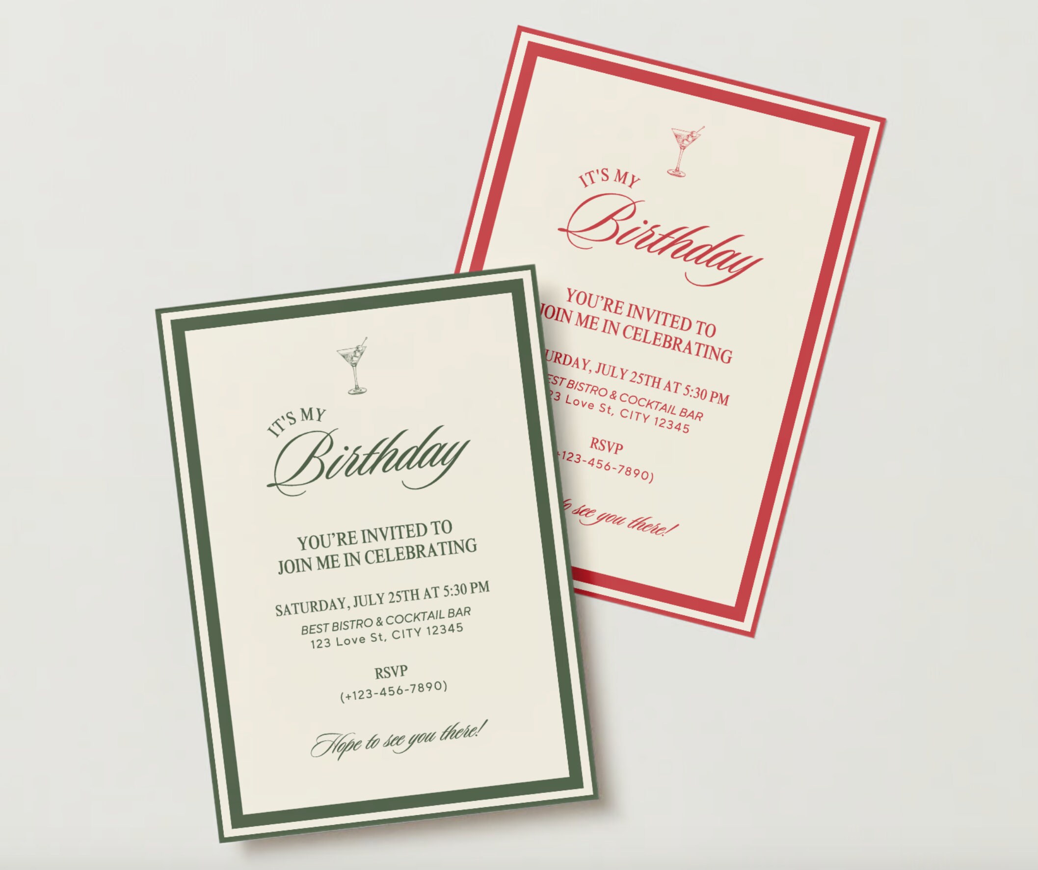 Invitations - Classic Old Money Aesthetic, Chic Martini Theme, Cherry ...