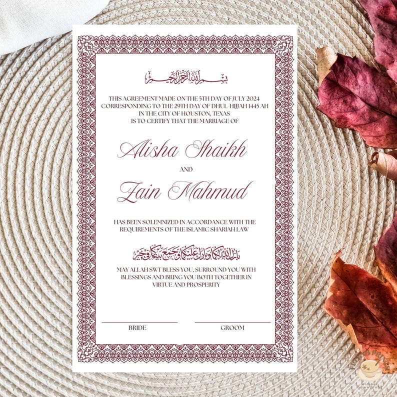 Red Nikkah Certificate: Islamic Wedding Contract (printable PDF) - Etsy