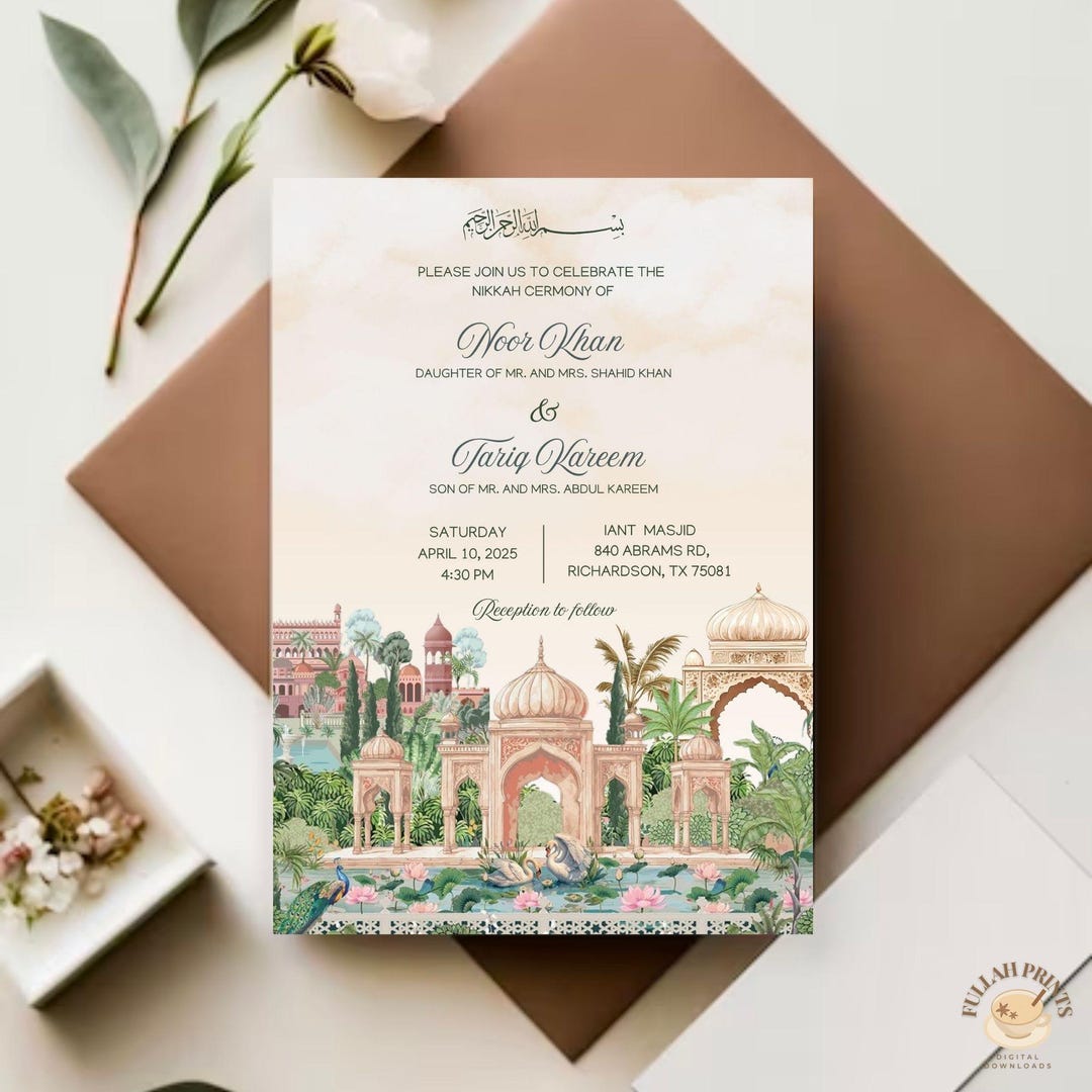 Neutral Mughal Nikkah Invitation, Islamic Wedding Invite Template ...