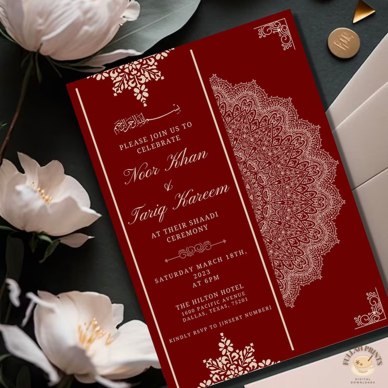 Red and Beige Shaadi Invitation, Islamic Wedding Invitation Template ...