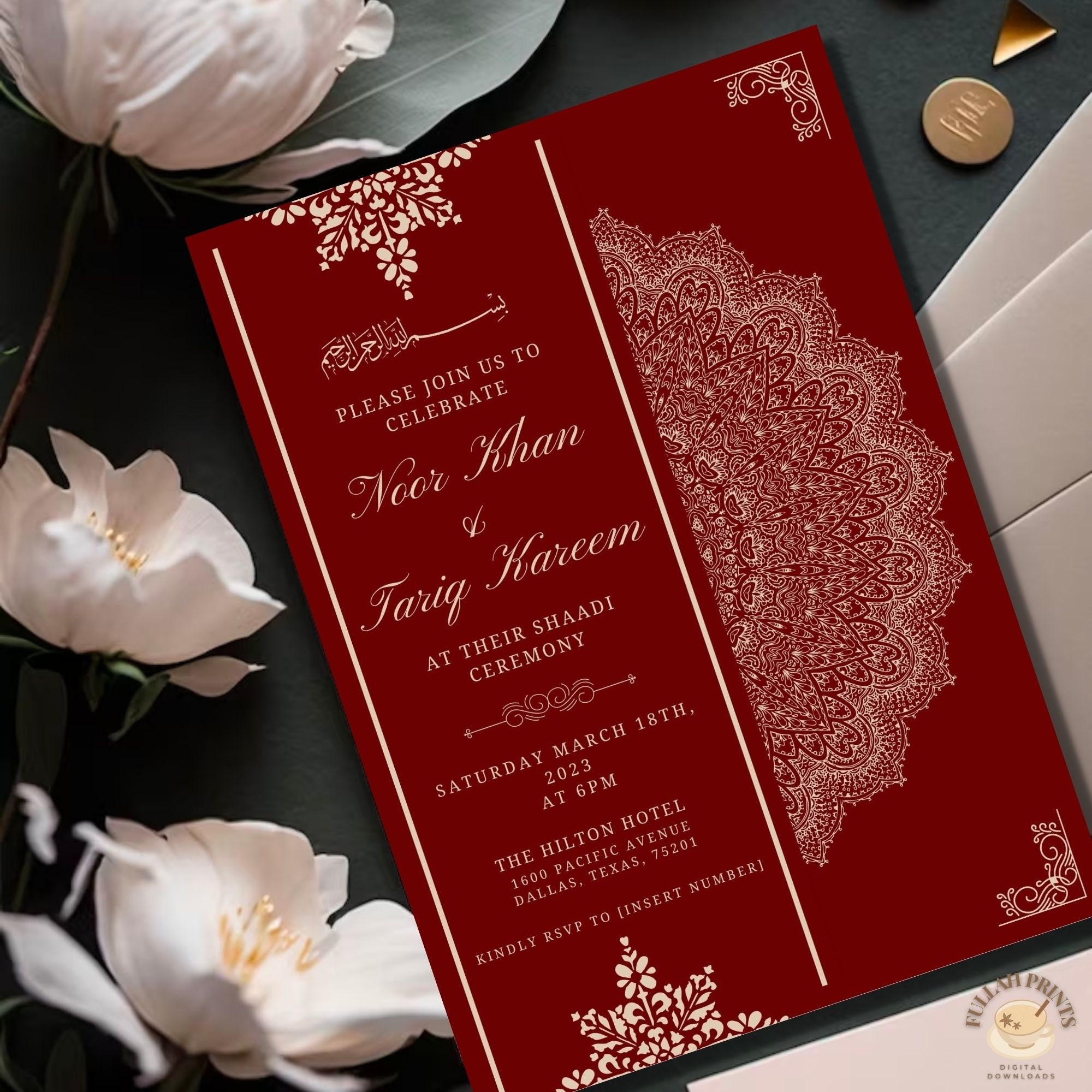 Red and Beige Shaadi Invitation, Islamic Wedding Invitation Template ...
