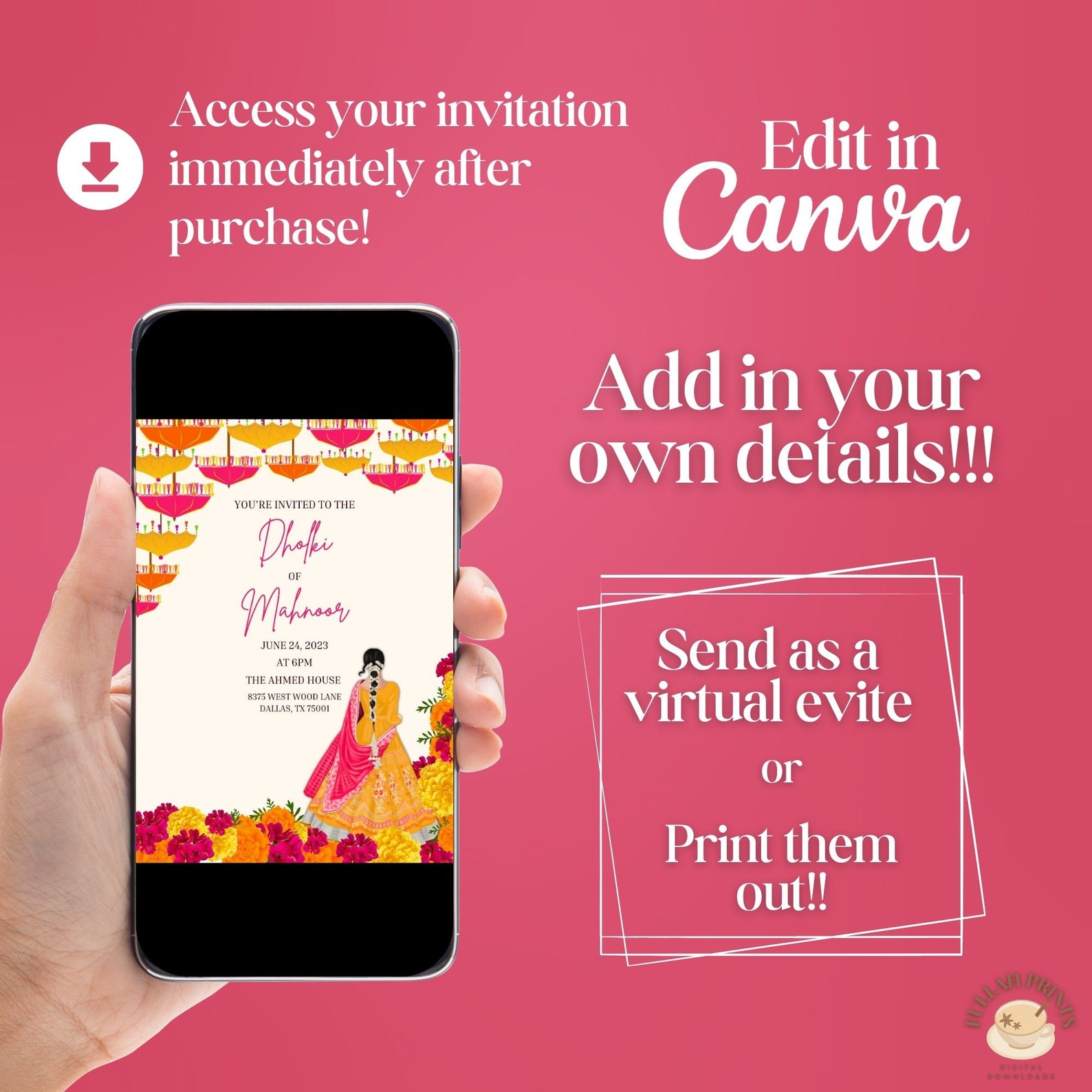 Dholki Invitation Template, Mayoun Invite, Dholki Invitation With Hand ...