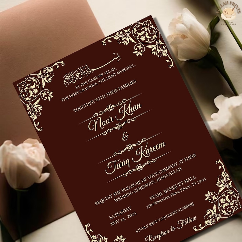 Elegant Maroon Islamic Wedding Invitation, Traditional Islamic Wedding ...